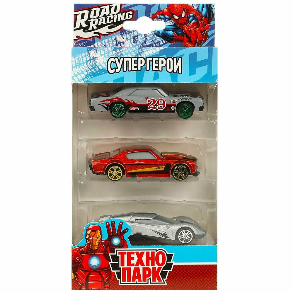 Машинка Роад Рейсинг набор супергерои, 7,5 см. 3 шт. (в асс) Технопарк RR-SET-418-R