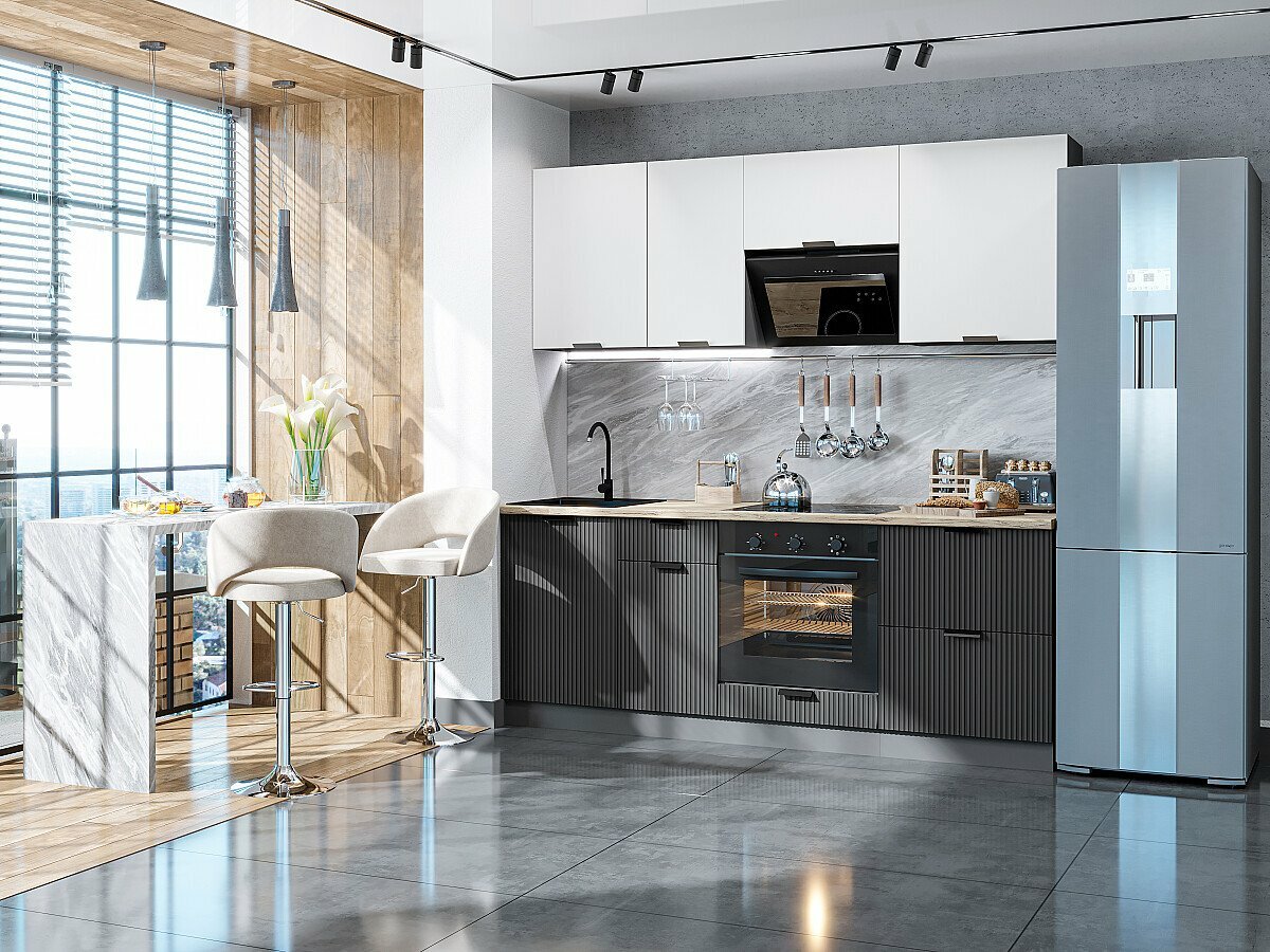 Кухня Евро Лайн-02, цвет фасада Белый/Антрацит, цвет каркаса Graphite, 2140*2000*600 мм