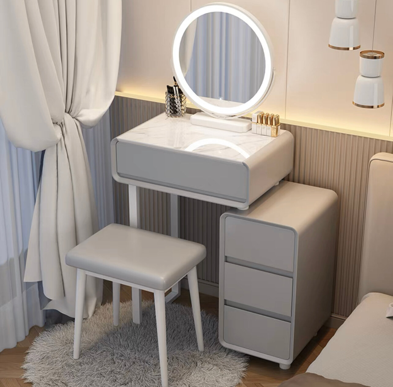 Туалетный столик Leah (Комплект серый стол 50 см / белое зеркало / форма зеркала на выбор / столешница керамика / стул)