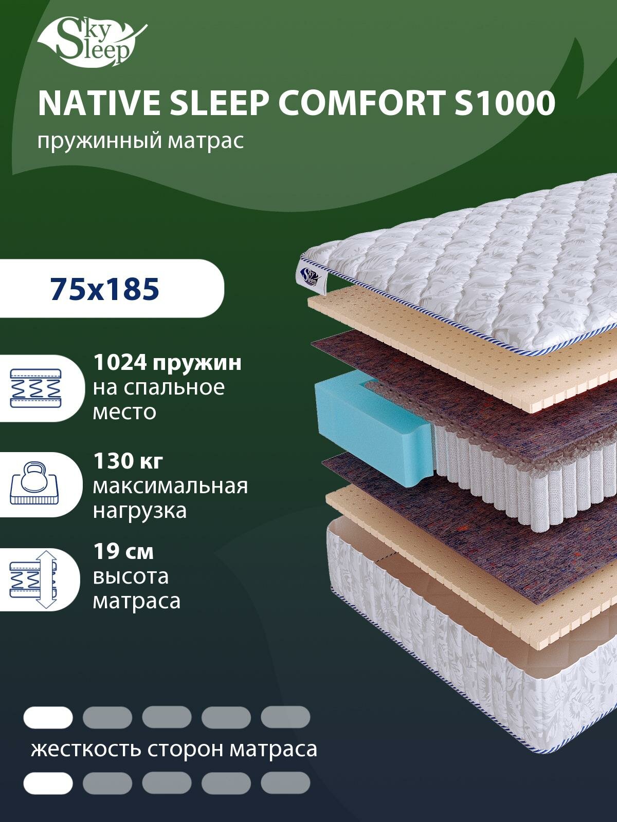 Матрас 75x185 ортопедический пружинный SkySleep NATIVE SLEEP COMFORT S1000