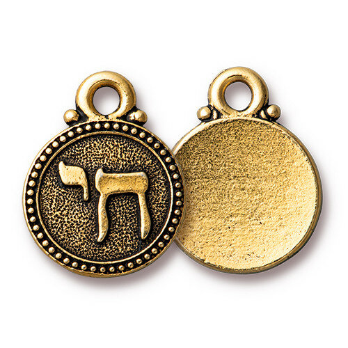 Подвеска, 19х15х2мм, TierraCast, медальон с символом Chai, базовый материал - оловянный сплав, позолоченный с чернением, 1 шт.