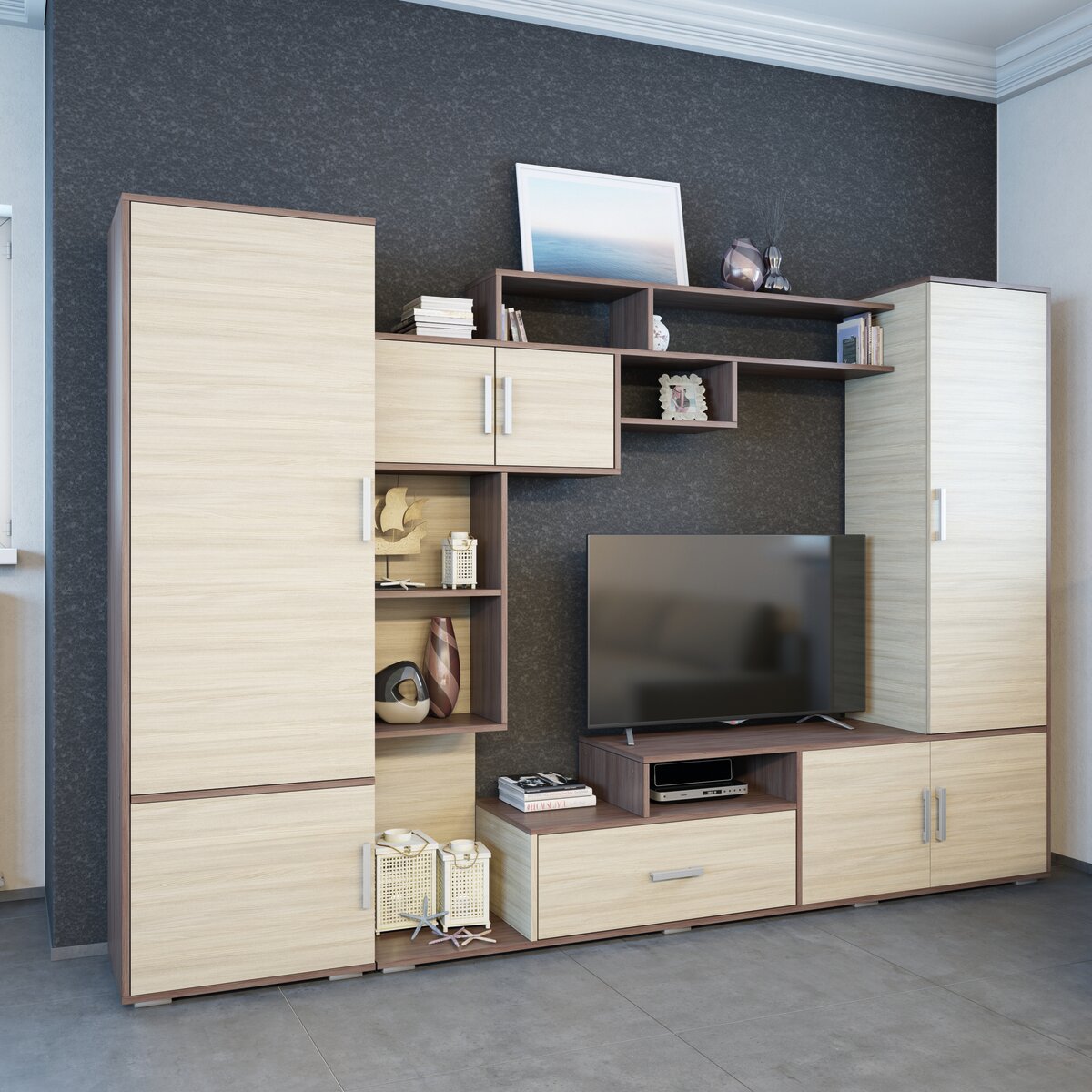 Гостиная Пекин с пеналом, стенка для гостиной Эра Ясень шимо светлый/Ясень шимо тёмный