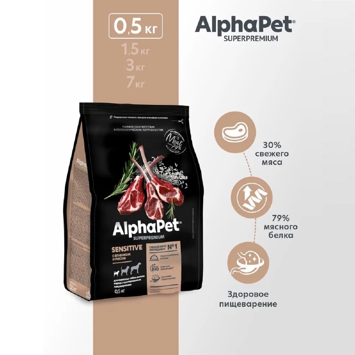 ALPHAPET SUPERPREMIUM сухой корм для взрослых собак мелких пород с чувствительным пищеварением с ягненком и рисом 500г