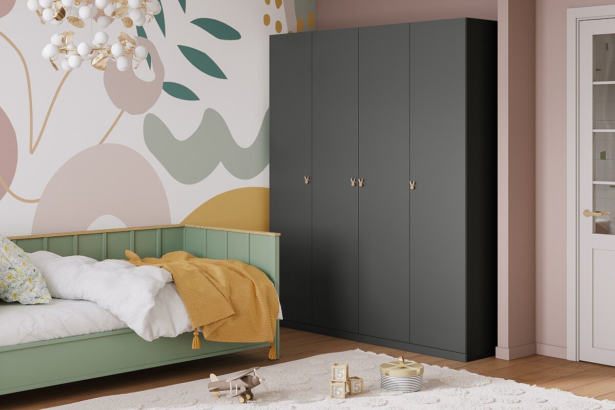 Шкаф распашной МебельЛэнд24 Банни - 4 МДФ Черный Агат 180x52x210 для одежды четырехдверный