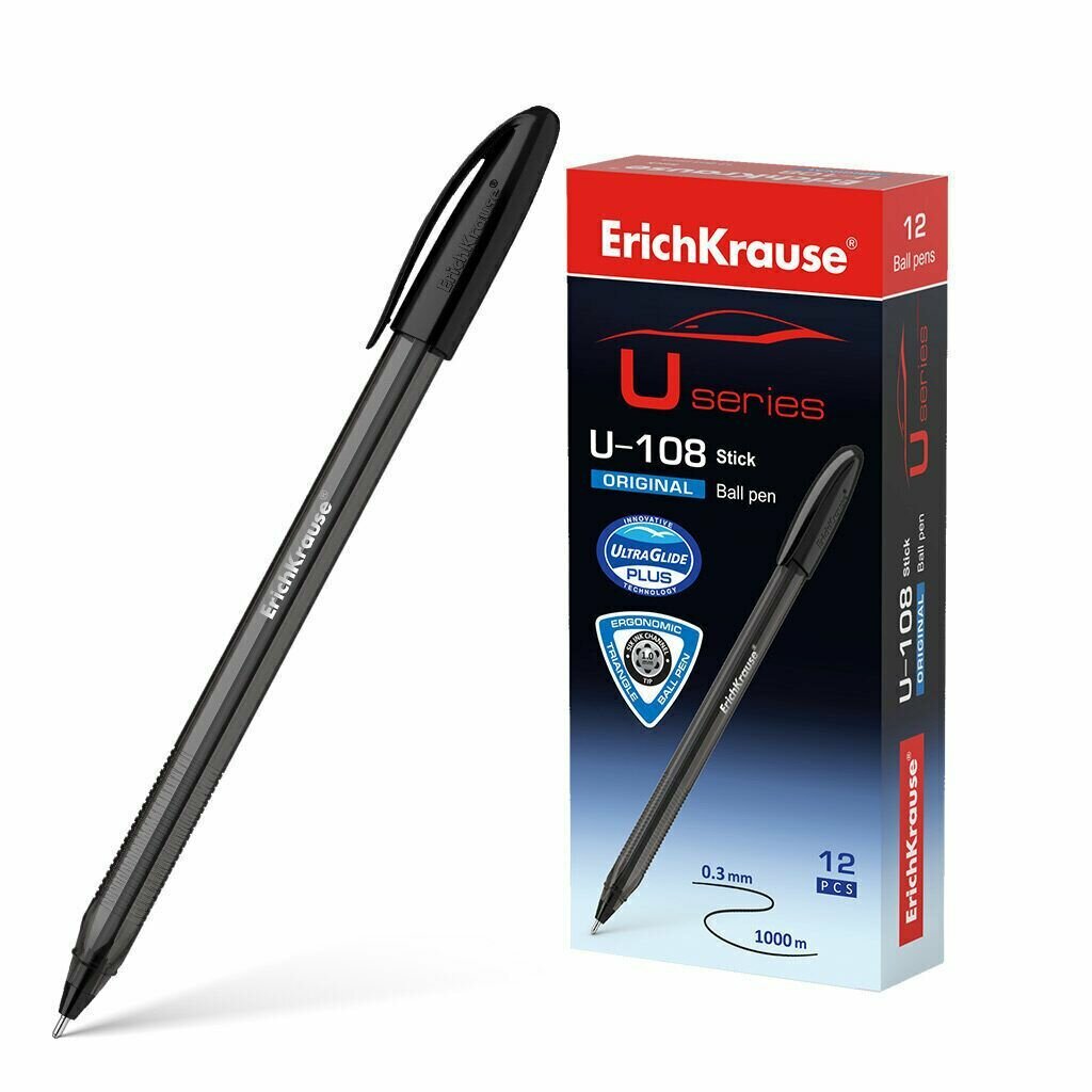 Ручка шар. ЕК ULTRA GLIDE ORIGINAL STICK U-108 черная, тонир. корп.1мм. Комплект из 12 ручек