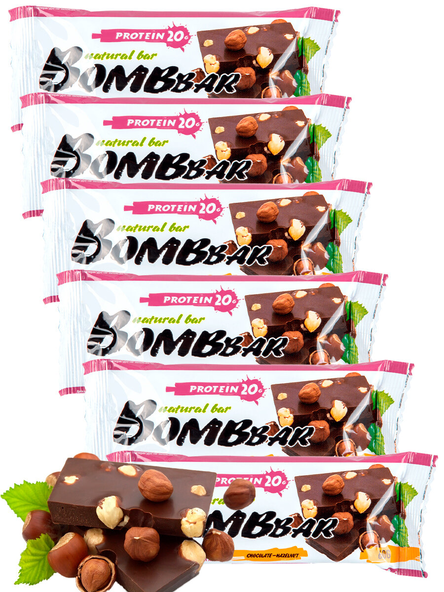 Протеиновый батончик BombBar Protein Bar 6 x 60 г, Шоколад - Фундук