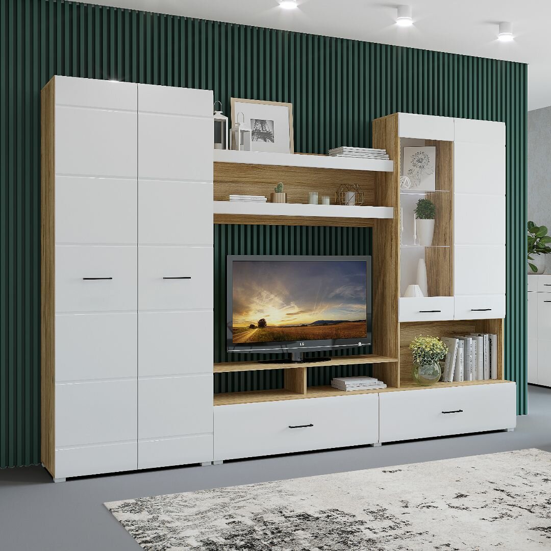 Гостиная "НЕНСИ-1" Дуб крафт золотой -Белый глянец