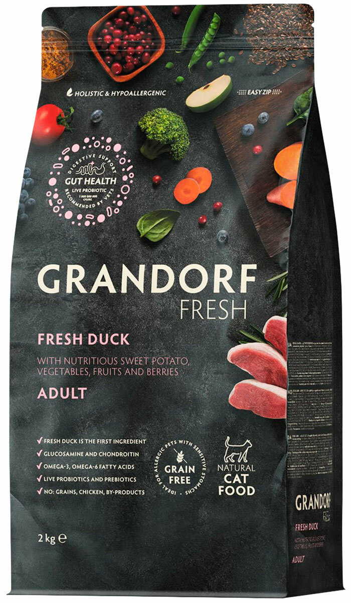 Сухой корм GRANDORF FRESH GRAIN FREE CAT ADULT DUCK & SWEET POTATO, беззерновой, для взрослых кошек, с уткой и бататом, 2 кг