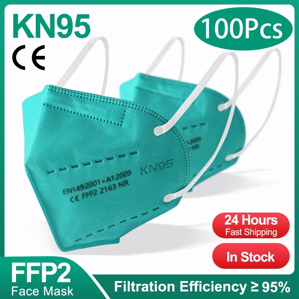 KN95 FFP2 маски, 100 шт, зеленые, для взрослых