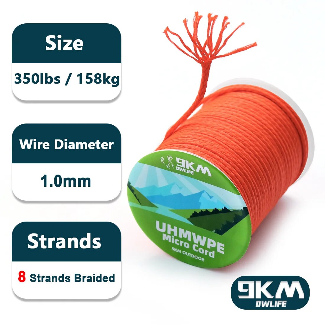 9KM DWLIFE UHMWPE шнур оранжевый 15м, 1мм, 350lbs