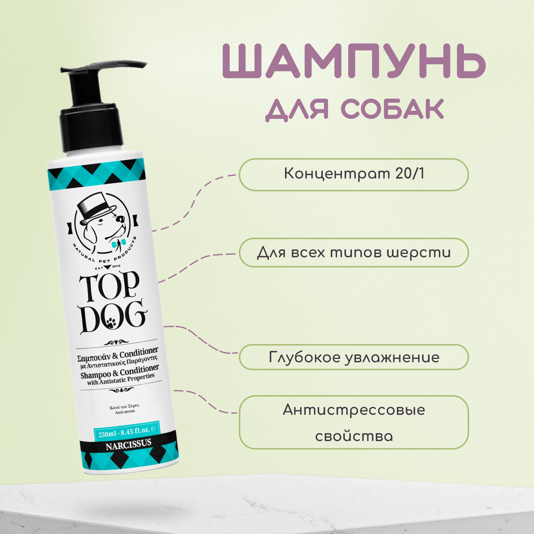 Комплекс средств TopDog для ухода за двойным типом шерсти, шампунь 250 мл, кондиционер 200 мл
