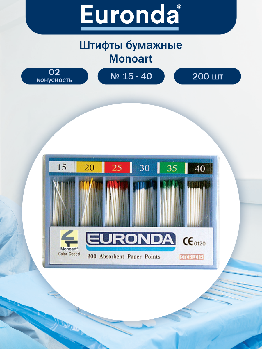 Штифты бумажные Monoart Конусность 02 Набор № 15 - 40 200 шт.