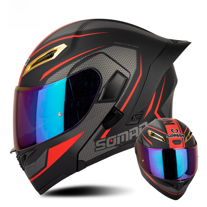 Шлем SOMAN SM955-S, черно-красный, XL, с цветными линзами