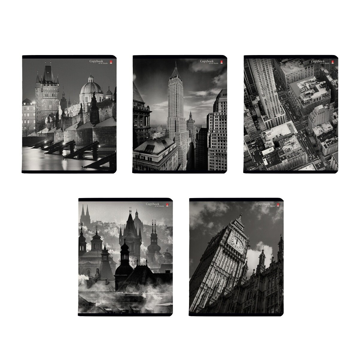 Тетрадь общая Альт А5 (165 х 203 мм) "города" 48 л, клетка. Набор 5 штук.