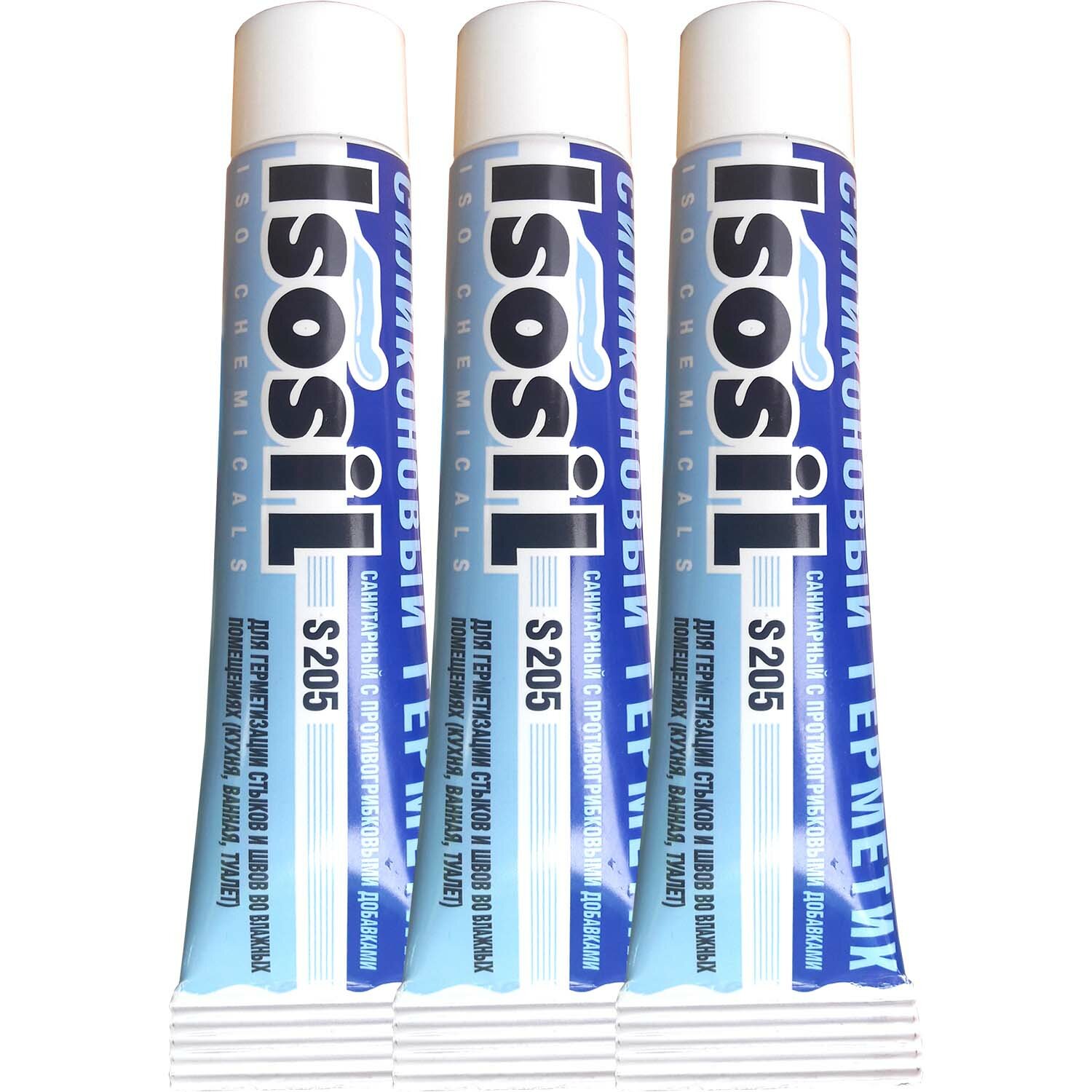 Герметик силиконовый санитарный для ванной и кухни ISOSIL S205, белый, 40 мл (комплект 3 шт.)