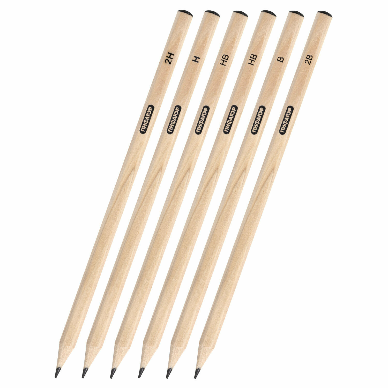 Карандаши чернографитные чертежные школьные разной твердости, набор 6 штук: 2H-2B, пифагор, 181999