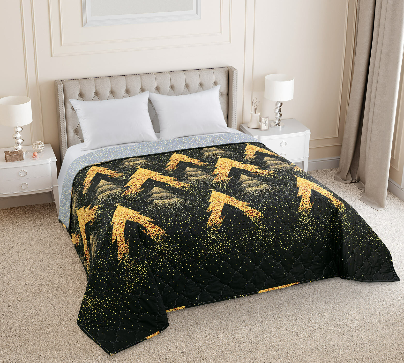 Покрывало "Сияние огней 1 черн" из перкали 200х210 стеганое