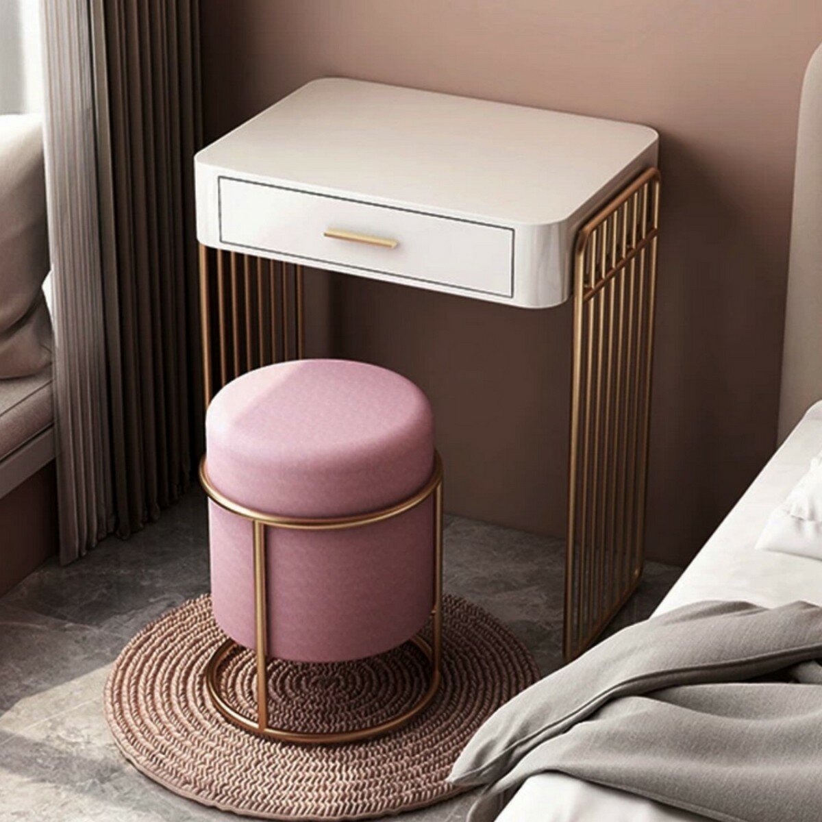 Туалетный столик Orly (Стол 65см / белая столешница + розовый пуф, без зеркала)