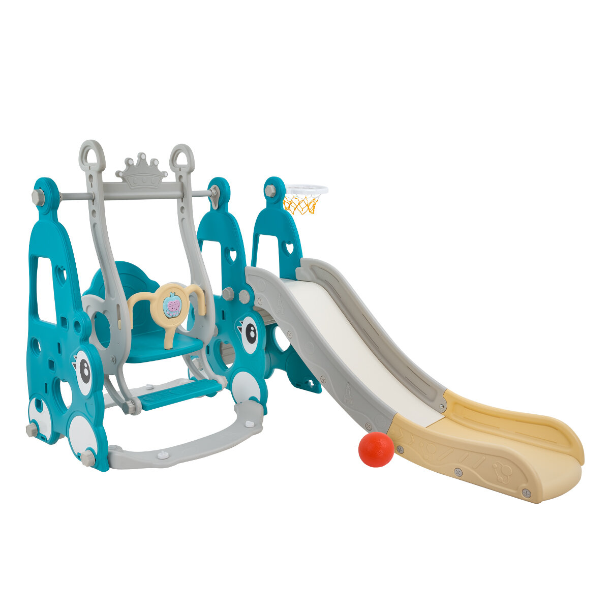 Горка детская с качелями Pituso Няшка , игровой комплекс 3 в 1 с баскетбольным кольцом, цвет зеленый