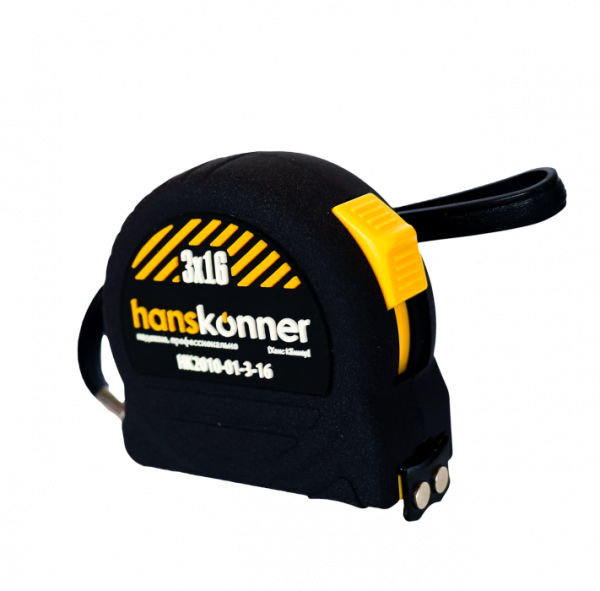 Рулетка 3x16, 2 стопа, противоударный корпус SoftTouch, мощный магнит, Hanskonner
