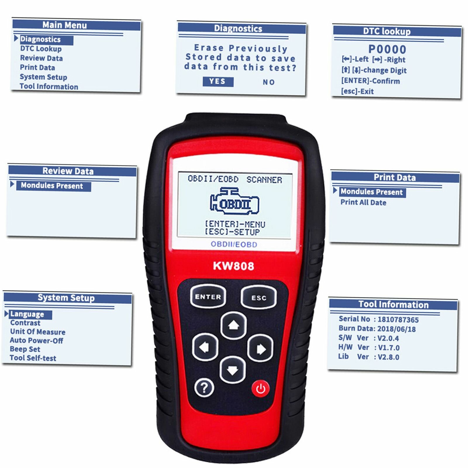 KONNWEI OBDII / EOBD Автосканер для чтения и расшифровки кодов KW808