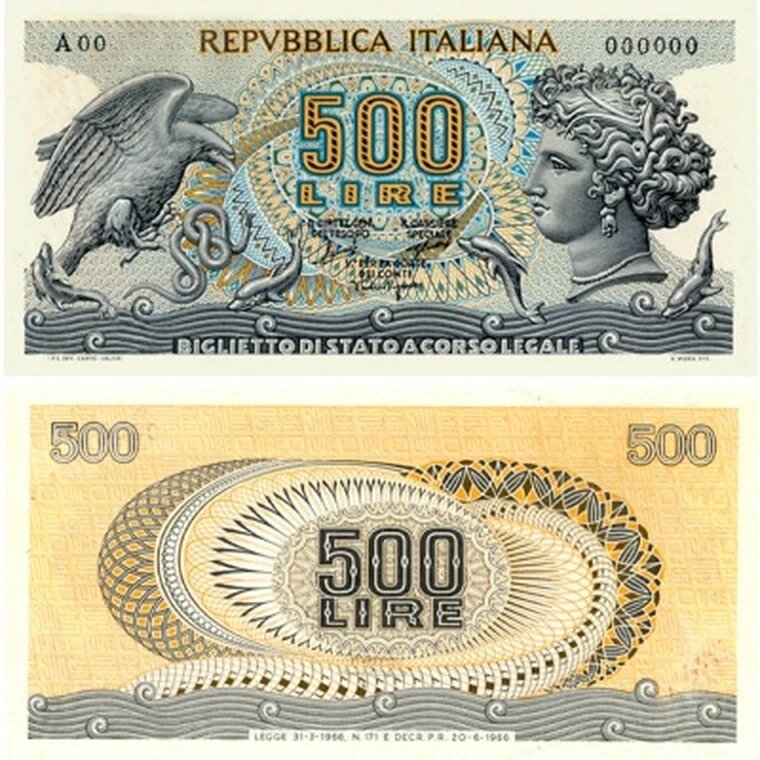500 лир 1966 Итальянская Республика, сувенирная копия, банкноты и купюры редкие коллекционные