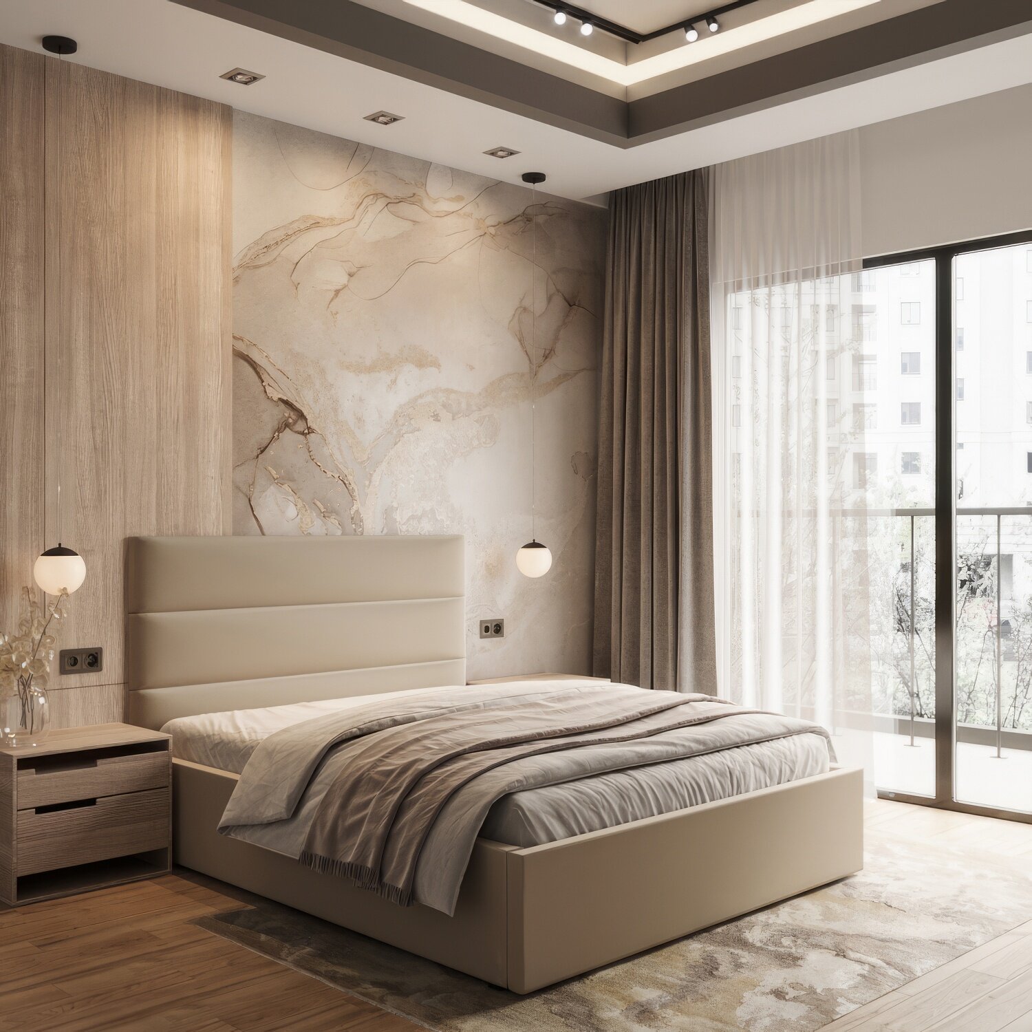 Кровать 200х200 двуспальная ортопедическим основанием, бежевая