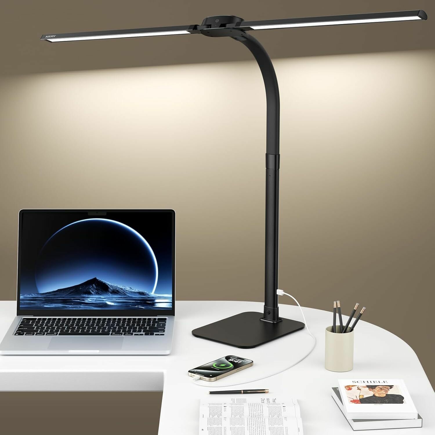 Настольная лампа Kary Led Dimmable с USB зарядным портом и базой, 24W Ultra Bright Double Head Desk Lamp for Office, Work, Design, Reading, Eye Care Lamp with Remote Control, White Energy Class F