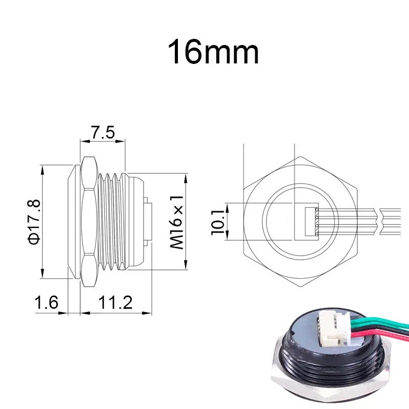 RGB кнопочный переключатель 16мм, черный, 3-6V