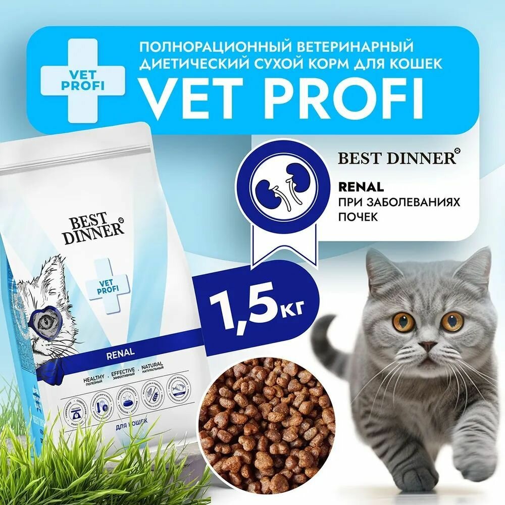 Корм сухой Best Dinner (Бест Диннер) диетический супер премиум класса Vet Profi Renal для кошек любых пород при болезни почек, 1,5 кг