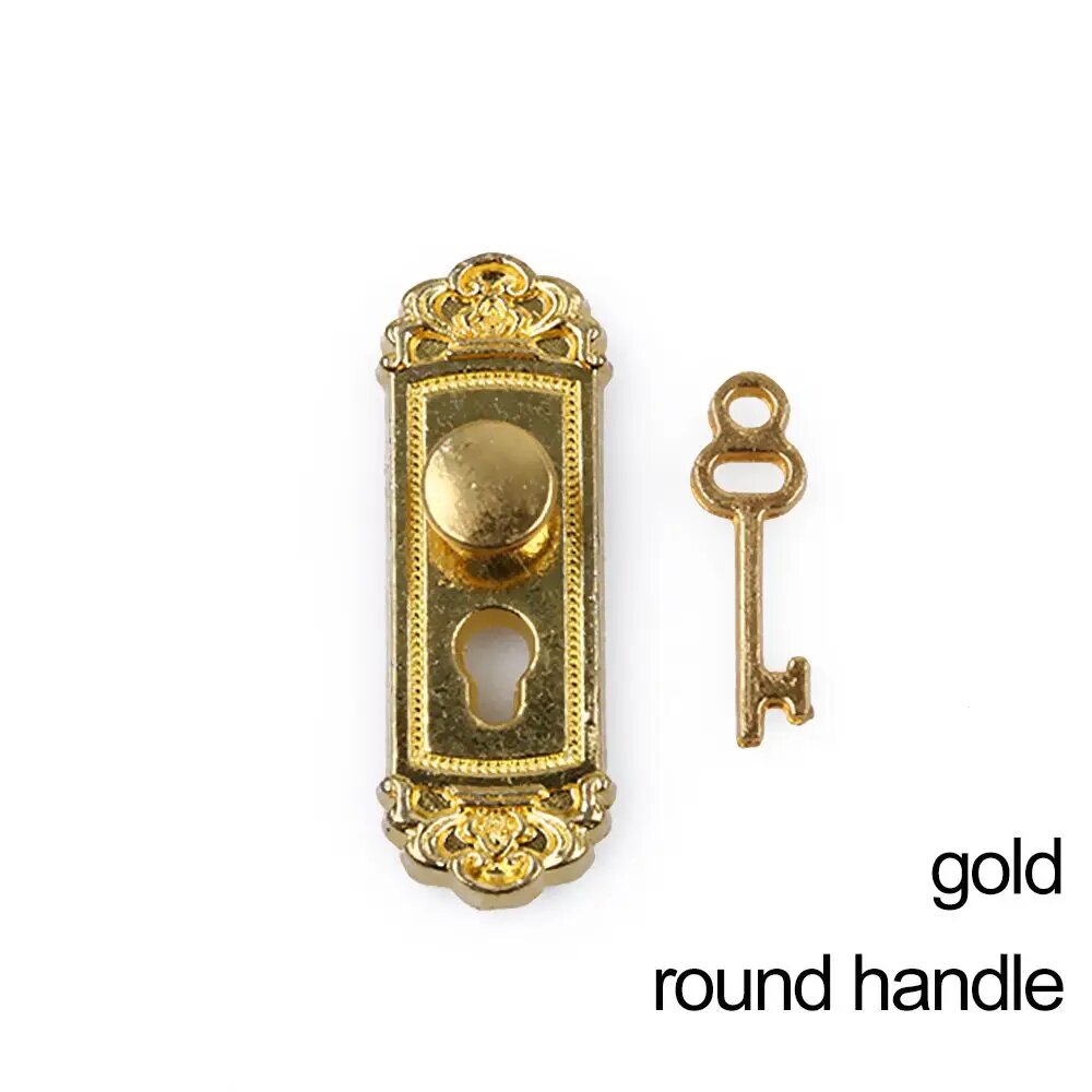 Ключ и дверная ручка для кукольного домика, gold-round handle