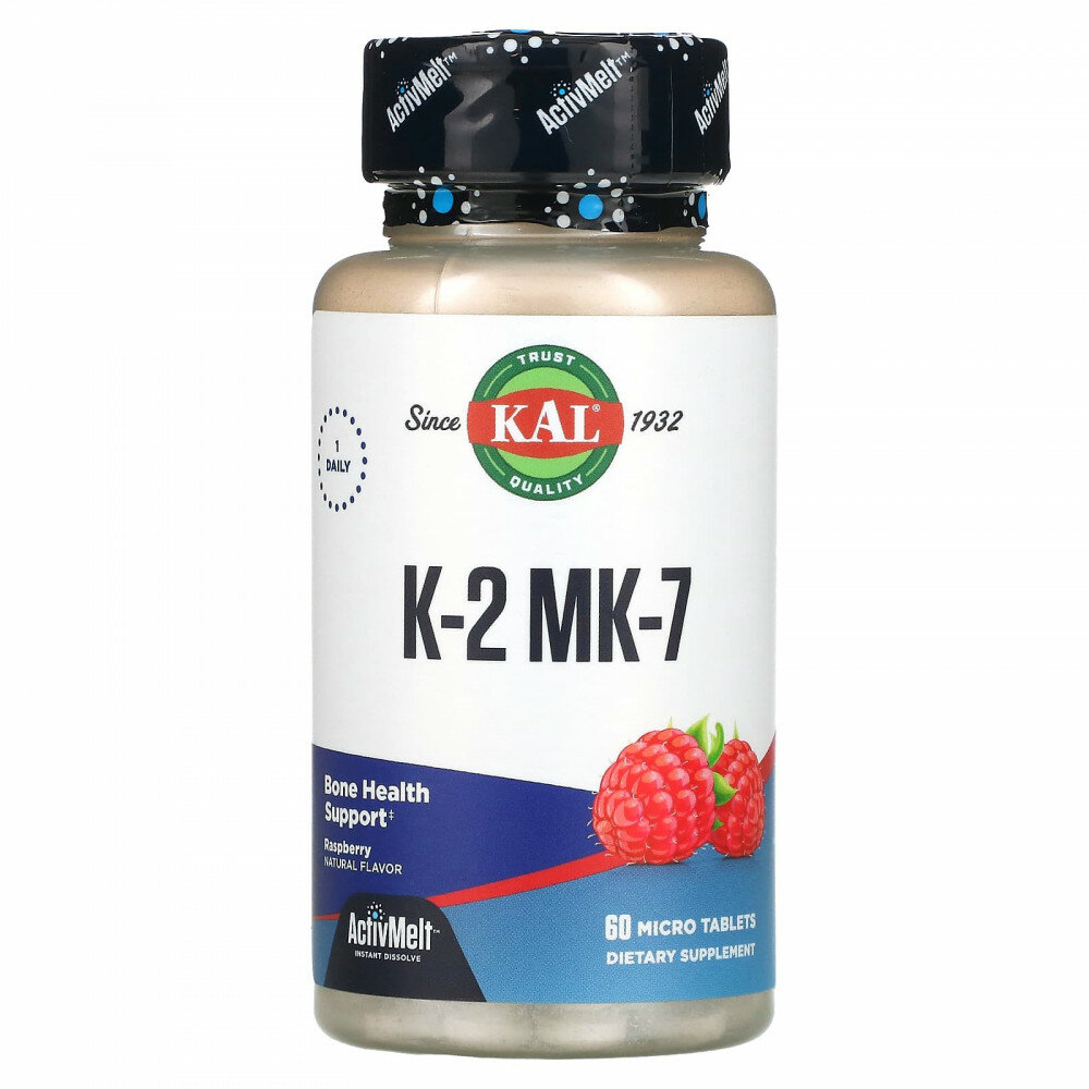 KAL, K-2 MK-7, малина, 60 микротаблеток (100 мкг в 1 таблетке)