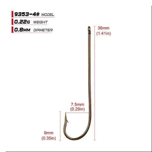 Рыболовный крючок 9353-4#, 0.22g, 0.8mm, Цвет: C