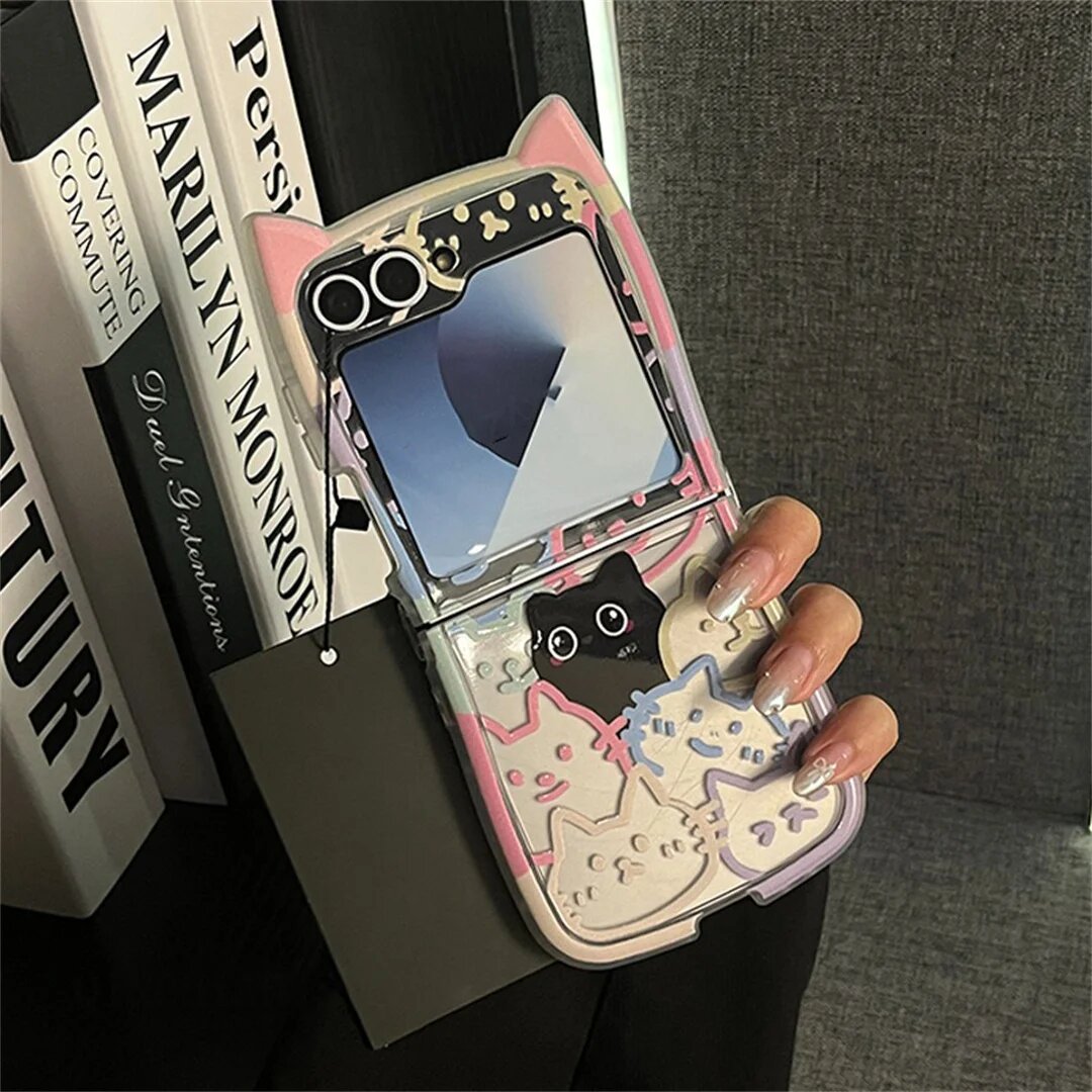 Новый корейский милый чехол с рисунком котенка и ушками для Samsung Galaxy Z Flip8 7 6 Flip6 Zflip5 4 3 Flip8, противоударный чехол