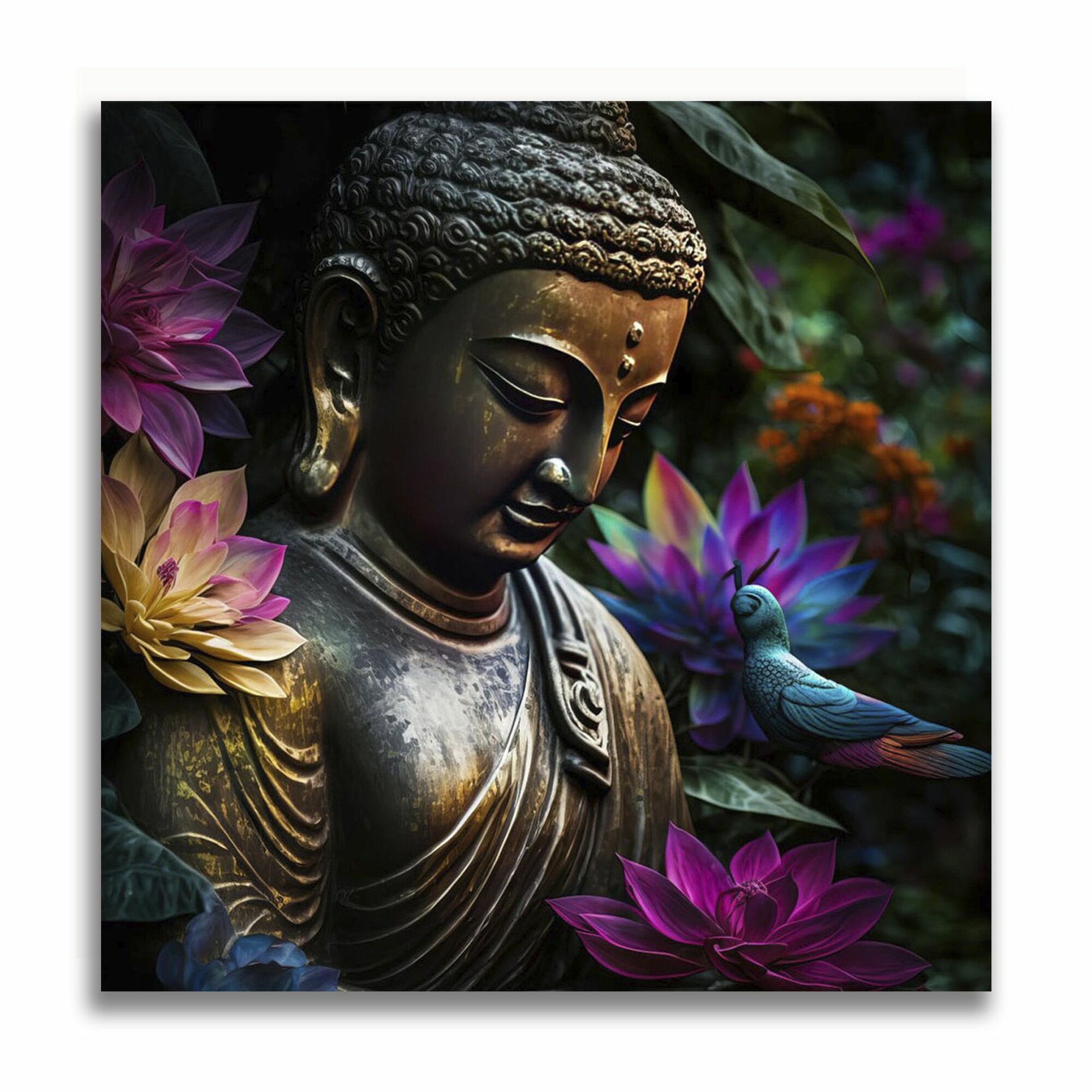 Картина на холсте «Buddha среди лотосов на тёмном фоне», интерьерный квадрат 60×60 см