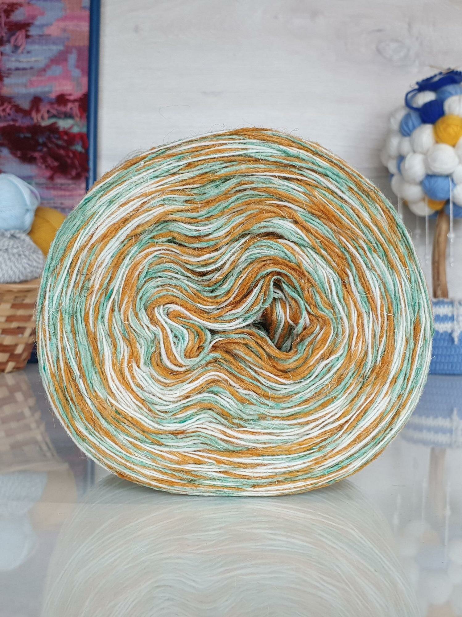 Пряжа Ангорка меланж Рассказовская, оранж/салат/бел_new - 46_1, 95% шерсть ангорской козы, 5% акрил, 2 мотка, 250 г, 700 м.