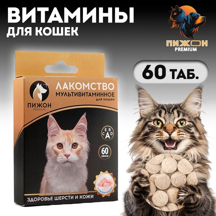 Лакомство для кошек Пижон Здоровье кожи и шерсти со вкусом индейки, 60 таб, 2 шт.