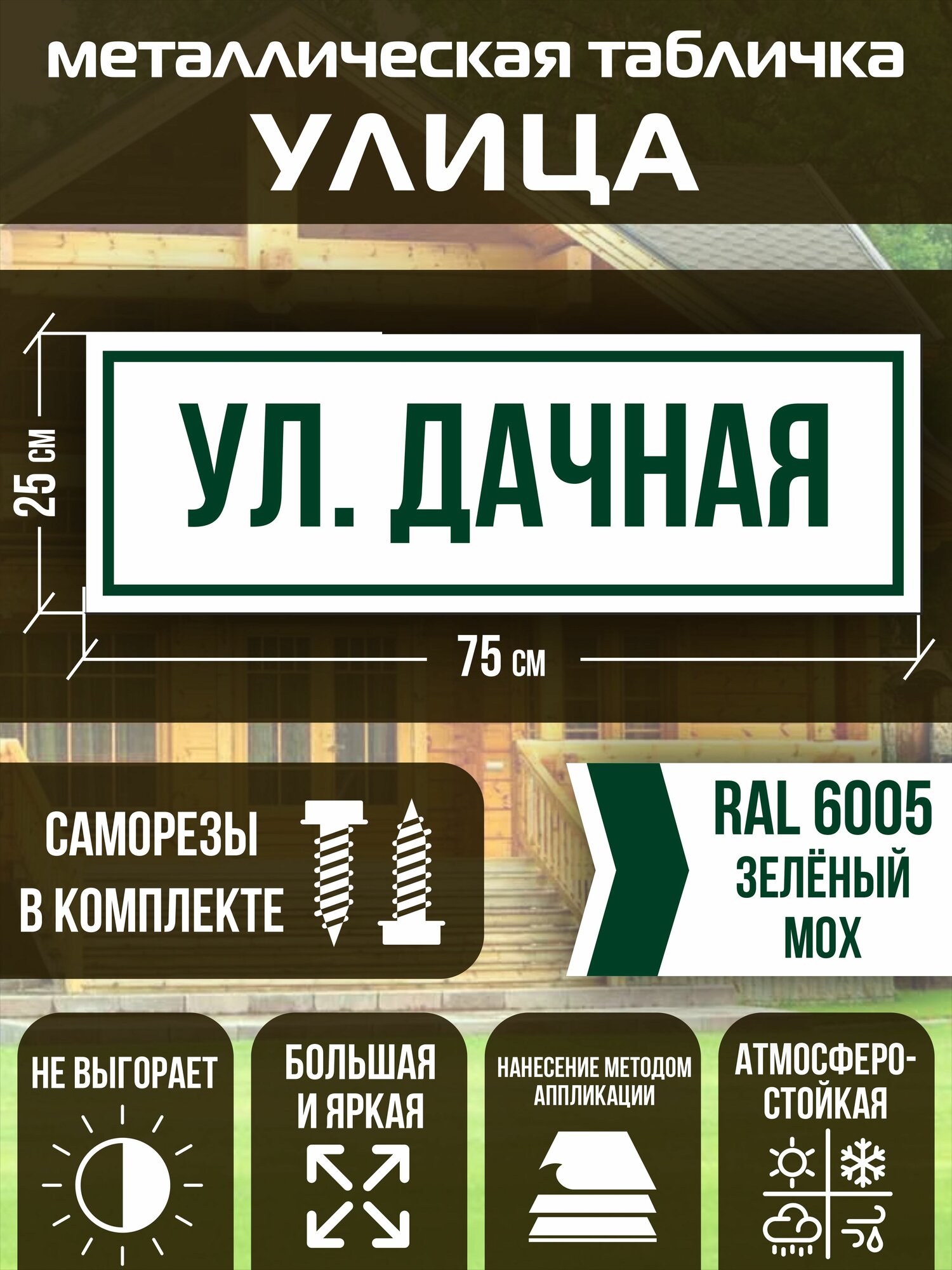 Адресная табличка на дом улица Дачная RAL 6005 зеленая