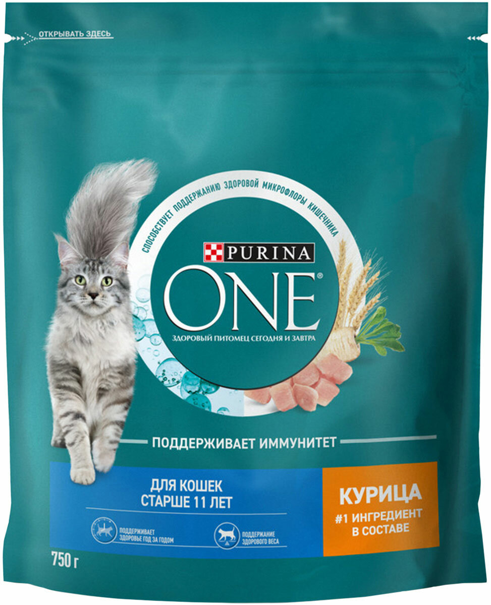 Корм сухой Purina One для пожилых кошек старше 11 лет, курица и злаки, 0,75 кг
