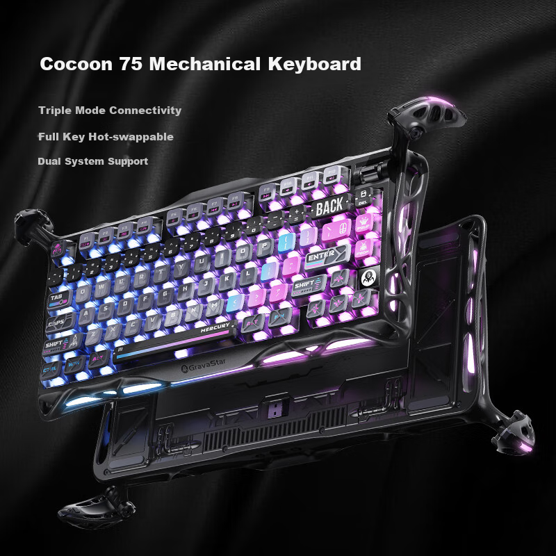 GravaStar Mechanical Keyboard 75% Layout Wireless Wired Bluetooth Three Modes Gasket Customized Metal Feet GS K1 PRO Cyber Shadow Edition