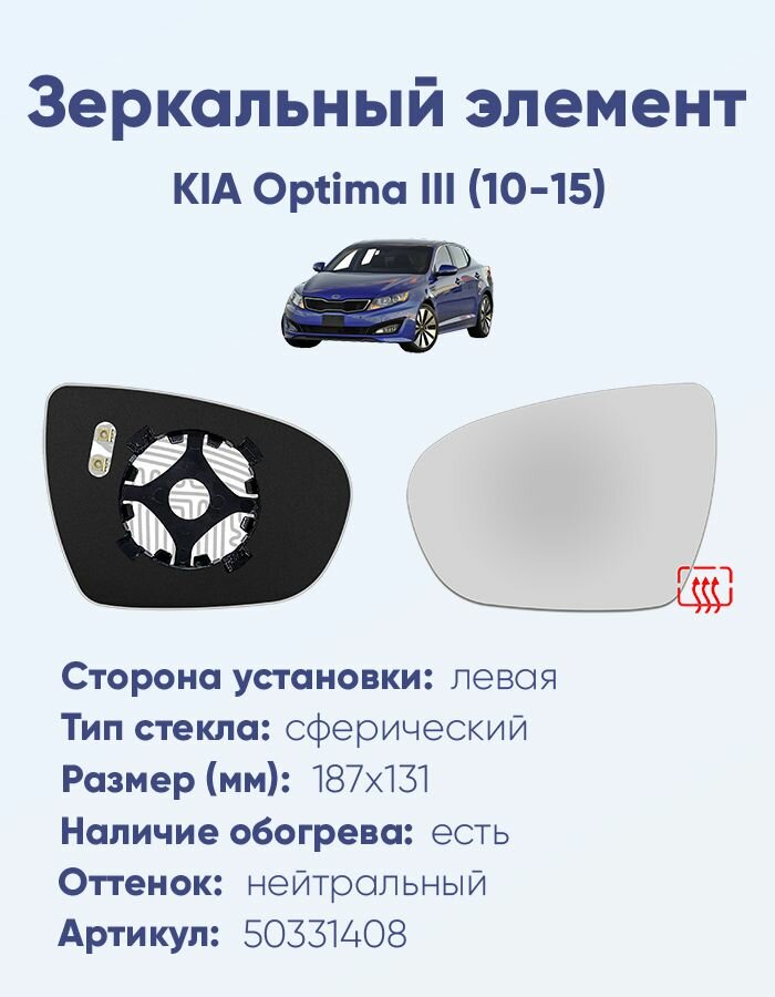 Зеркальный элемент левый KIA Optima III (10-15) сфера нейтральный с обогревом