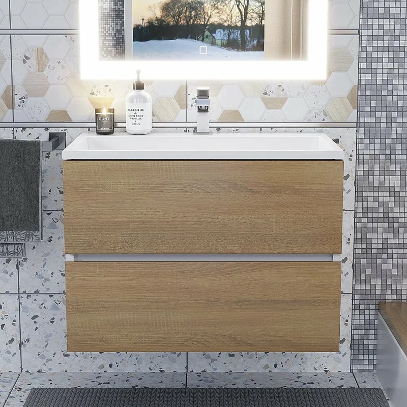 Тумба с раковиной Uperwood Barsa 70 подвесная, белая, дуб сонома, раковина белая