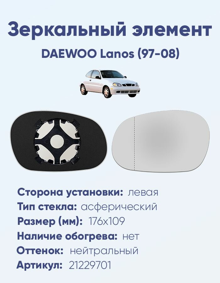Зеркальный элемент левый DAEWOO Lanos (97-08) асферика нейтральный без обогрева