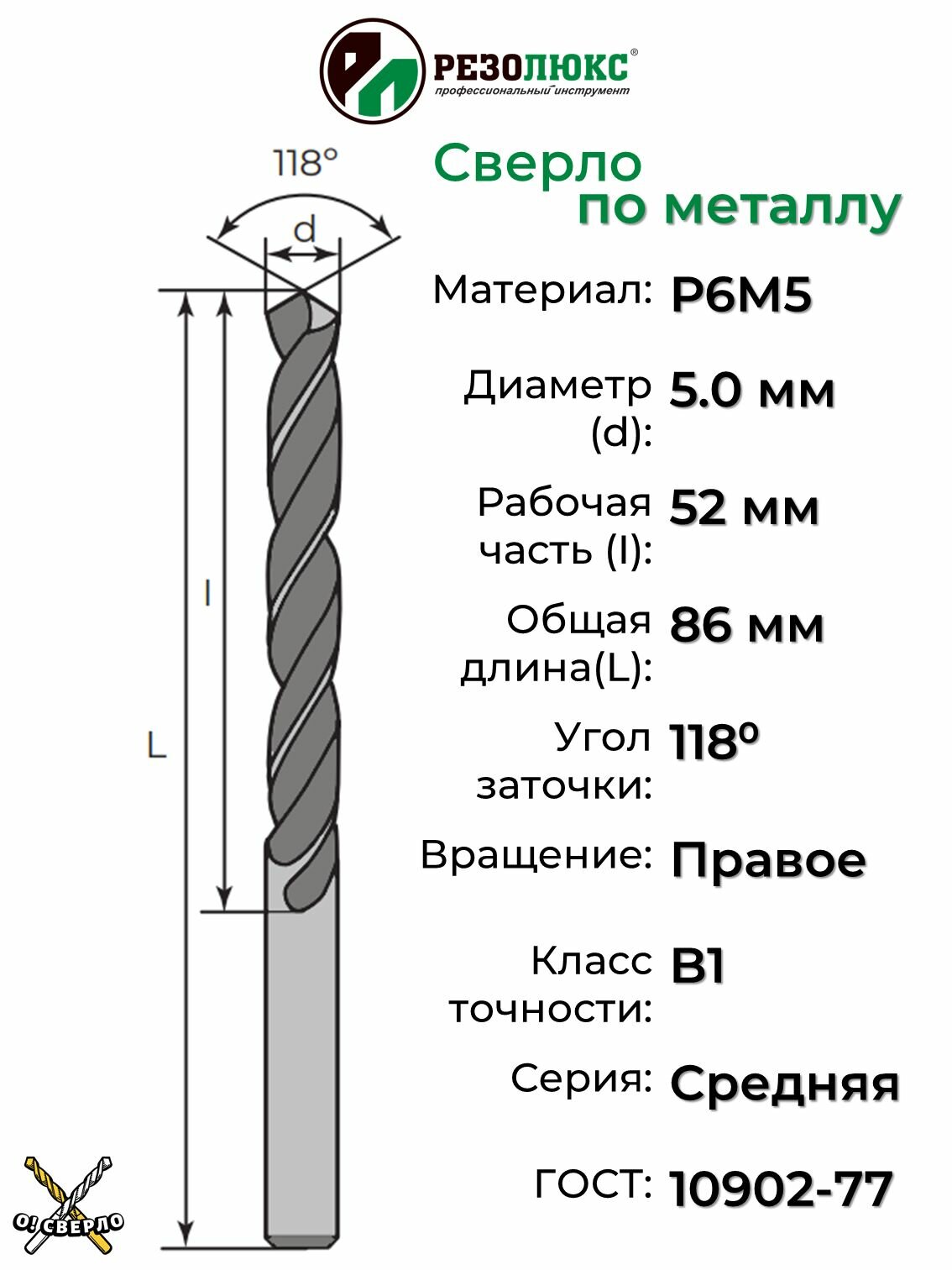 Сверло по металлу 5,0 мм резолюкс с цилиндрическим хвостовиком Р6М5 1 шт.