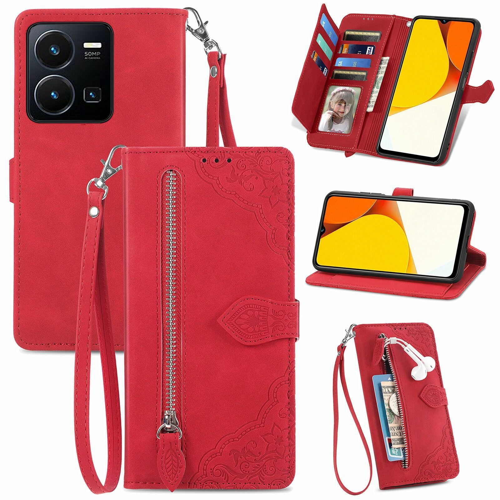 Чехол книжка для Vivo Y35 4G кошелек на молнии Чехлы для мобильных телефонов