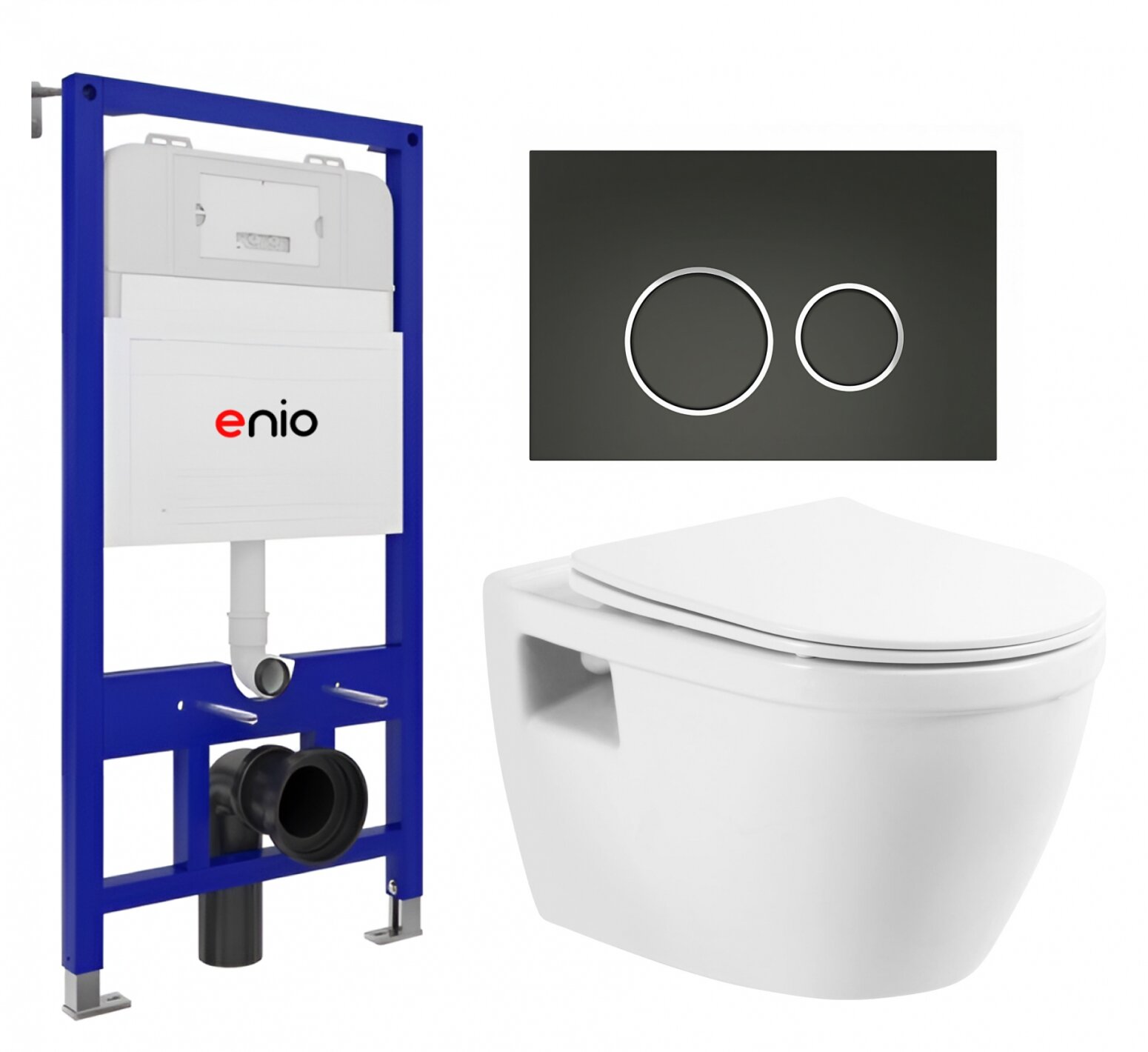 Комплект 3 в 1 инсталляция Enio Tecnico 52 EN8050052 + Унитаз подвесной BelBagno Loto BB070CHR/SC + кнопка черная матовая, окантовка хром Rotondo