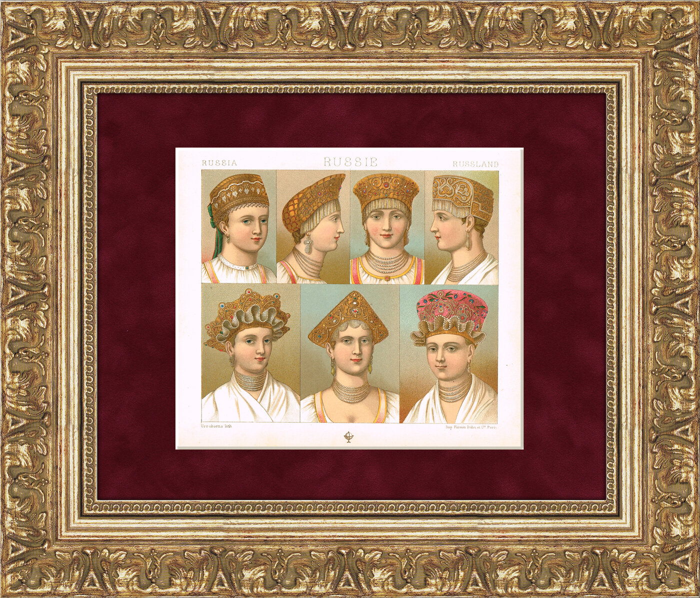 Русские женские головные уборы: виды кокошников, антикварная литография