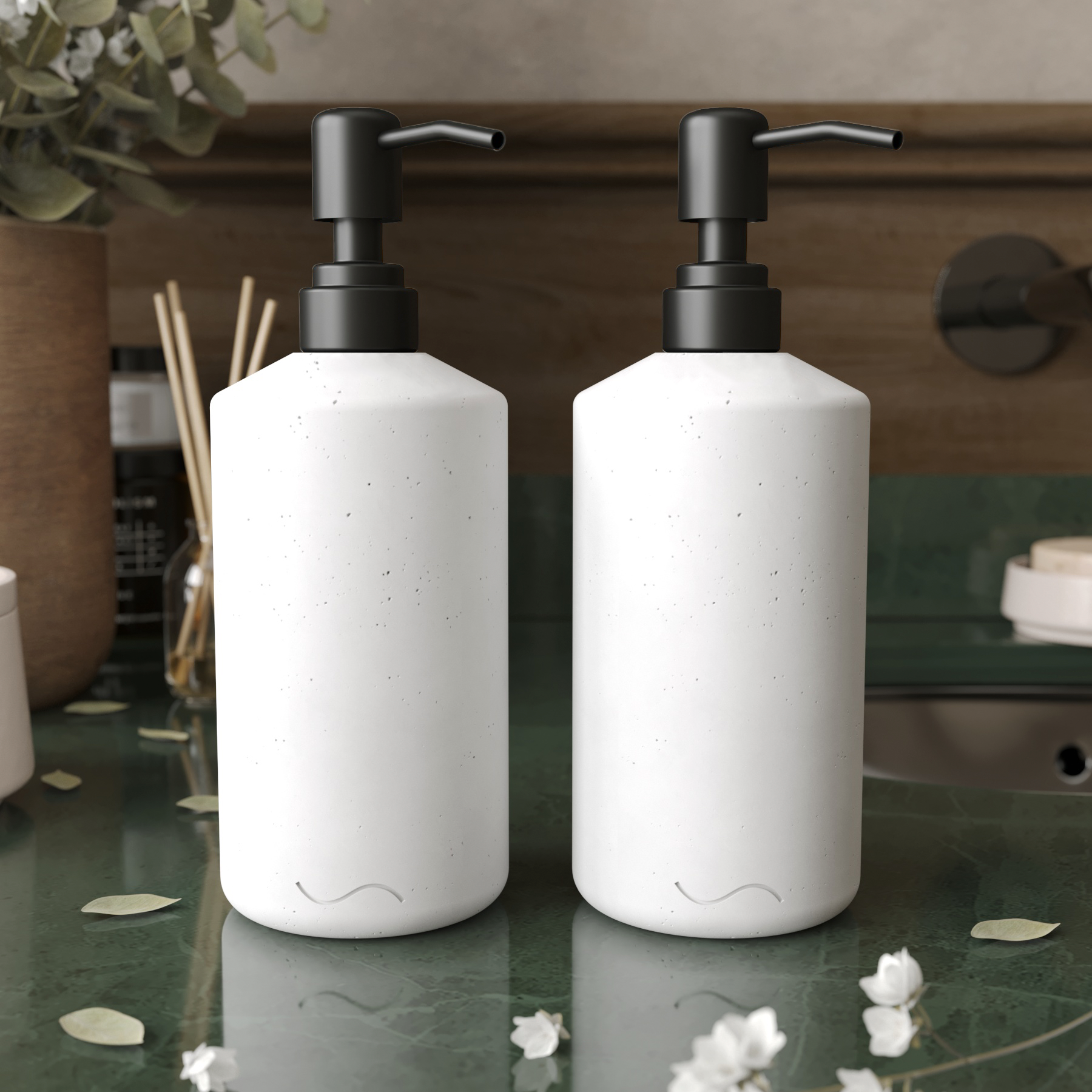 Набор дозаторов для жидкого мыла Astrid Slim, 250мл с черной помпой, бетон, белый матовый