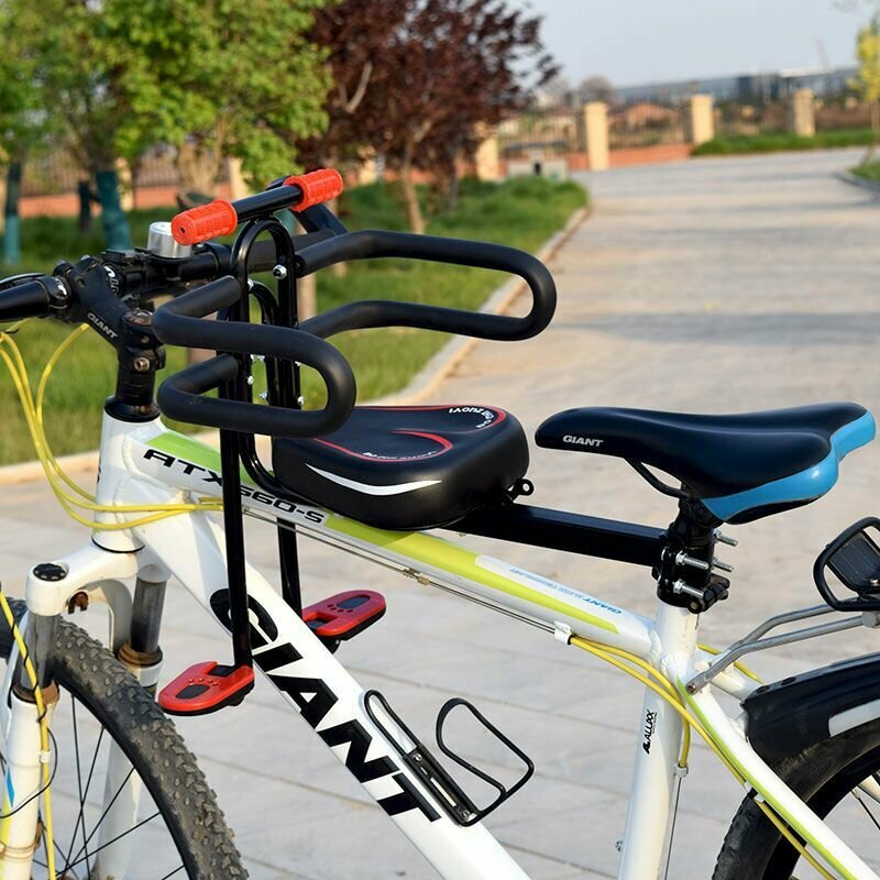 Велокресло детское переднее на раму для велосипеда удобное и безопасное сиденье для ребенка с подножкой, регулируемой спинкой и защитой ног