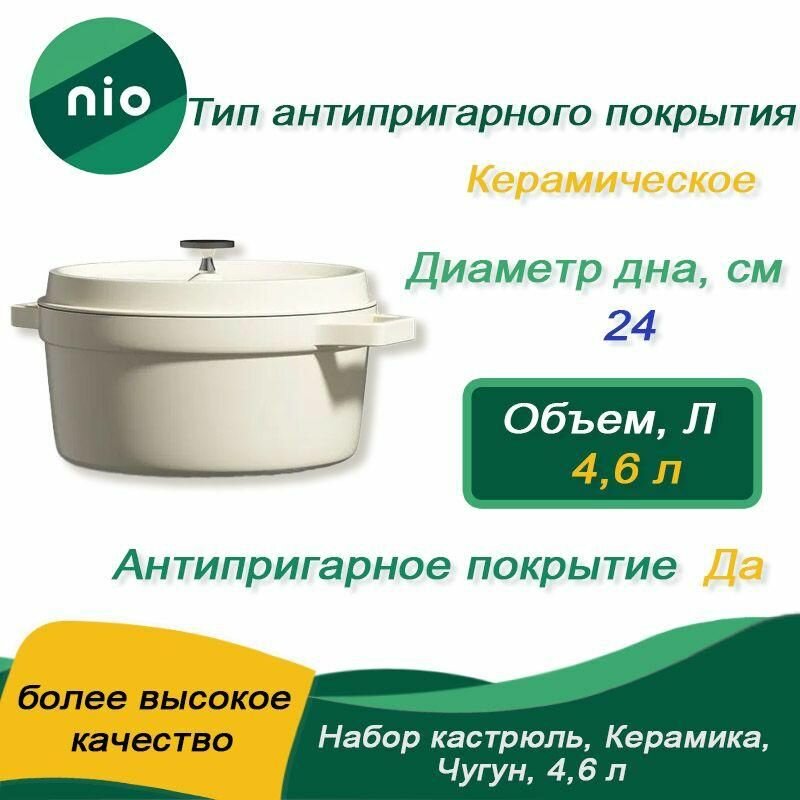 Эмалевый горшок Чугунная эмалированная кастрюля Внутренняя часть горшка черная, экологически чистая,4,6 л, белый,2200,24, белое